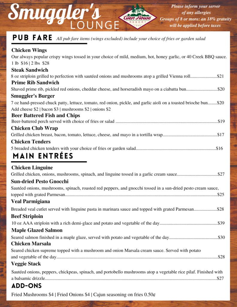 Menus – Glen House Resort & Smugglers Glen