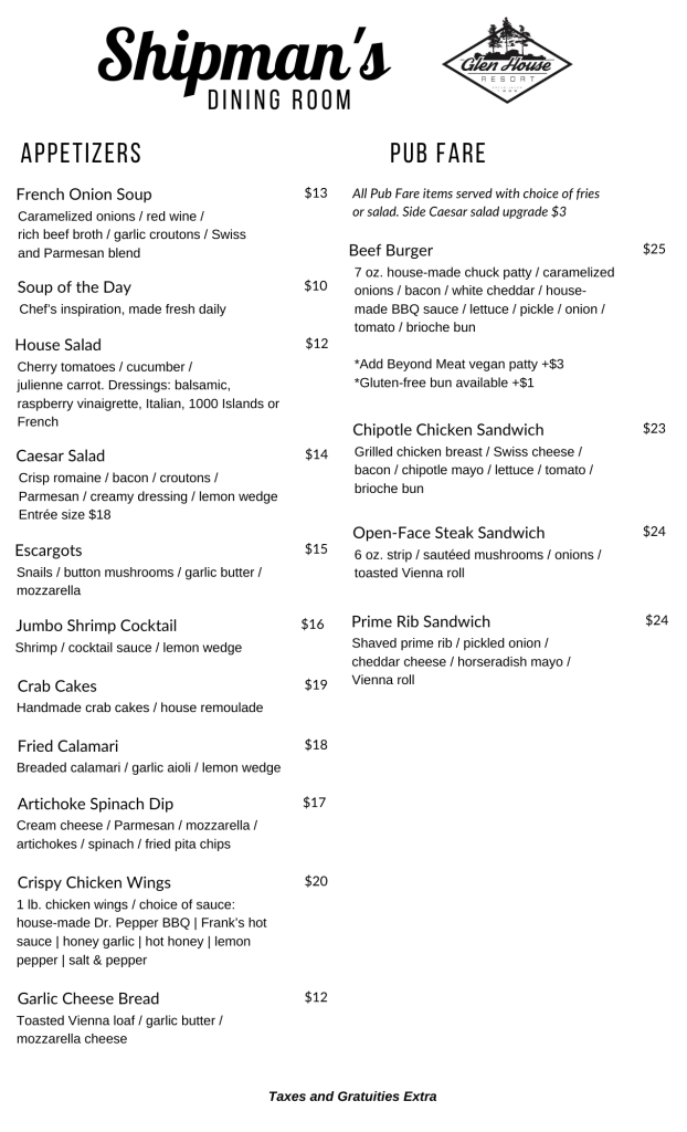 Menus – Glen House Resort & Smugglers Glen