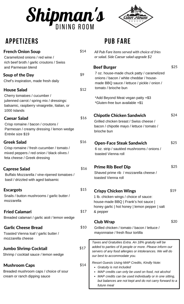 Menus – Glen House Resort & Smugglers Glen